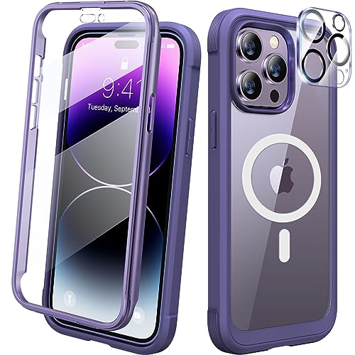 Diaclara Designed for iPhone 14 Pro Case 6.1’’,[Compatible with MagSafe] Full Body Rugged Magnetic Protective Case+Tempered Glass Camera Lens Protector w/Built-in Screen Protector (Purple-Mag)