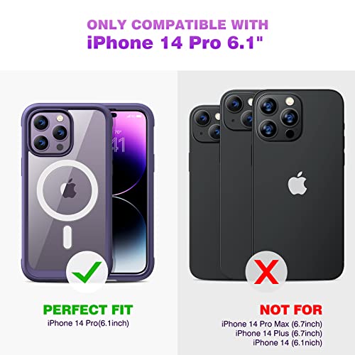 Diaclara Designed for iPhone 14 Pro Case 6.1’’,[Compatible with MagSafe] Full Body Rugged Magnetic Protective Case+Tempered Glass Camera Lens Protector w/Built-in Screen Protector (Purple-Mag)