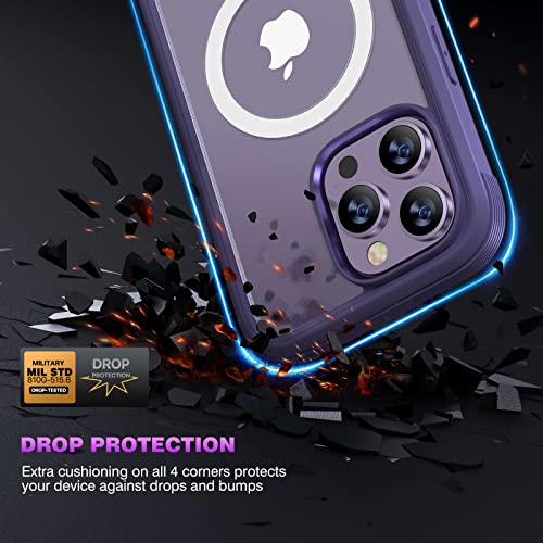 Diaclara Designed for iPhone 14 Pro Case 6.1’’,[Compatible with MagSafe] Full Body Rugged Magnetic Protective Case+Tempered Glass Camera Lens Protector w/Built-in Screen Protector (Purple-Mag)