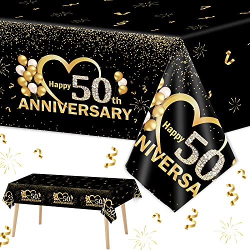 3pcs Happy 50th Anniversary Tablecloths Black Gold Table Covers 50th Wedding Anniversary Party Supplies for Parents Cheer to 50 Years Party Decorations and Plastic Disposable Party Favors,108*54 inch