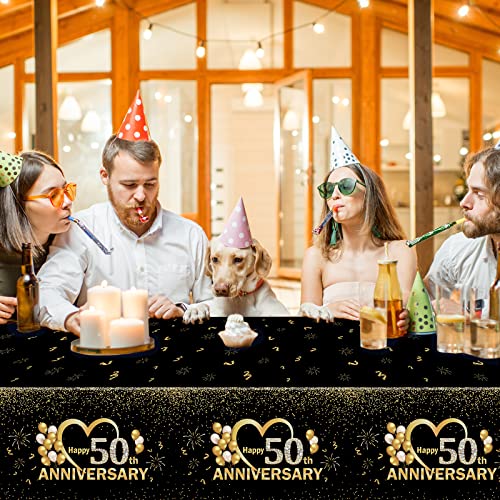 3pcs Happy 50th Anniversary Tablecloths Black Gold Table Covers 50th Wedding Anniversary Party Supplies for Parents Cheer to 50 Years Party Decorations and Plastic Disposable Party Favors,108*54 inch