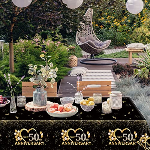 3pcs Happy 50th Anniversary Tablecloths Black Gold Table Covers 50th Wedding Anniversary Party Supplies for Parents Cheer to 50 Years Party Decorations and Plastic Disposable Party Favors,108*54 inch