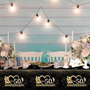 3pcs Happy 50th Anniversary Tablecloths Black Gold Table Covers 50th Wedding Anniversary Party Supplies for Parents Cheer to 50 Years Party Decorations and Plastic Disposable Party Favors,108*54 inch