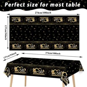 3pcs Happy 50th Anniversary Tablecloths Black Gold Table Covers 50th Wedding Anniversary Party Supplies for Parents Cheer to 50 Years Party Decorations and Plastic Disposable Party Favors,108*54 inch