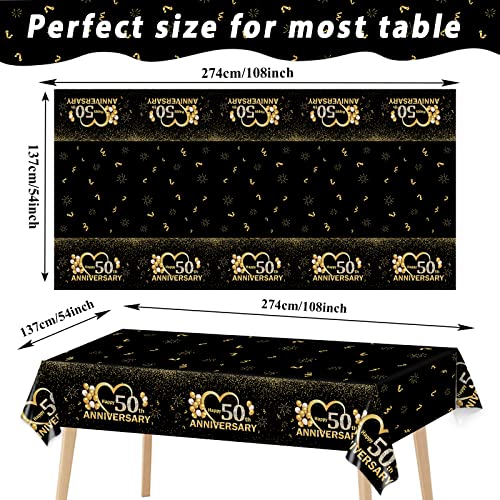 3pcs Happy 50th Anniversary Tablecloths Black Gold Table Covers 50th Wedding Anniversary Party Supplies for Parents Cheer to 50 Years Party Decorations and Plastic Disposable Party Favors,108*54 inch