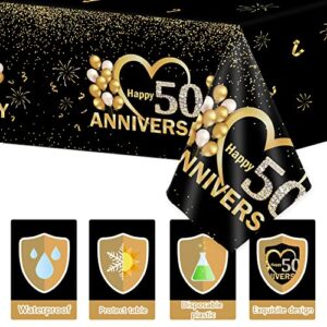 3pcs Happy 50th Anniversary Tablecloths Black Gold Table Covers 50th Wedding Anniversary Party Supplies for Parents Cheer to 50 Years Party Decorations and Plastic Disposable Party Favors,108*54 inch