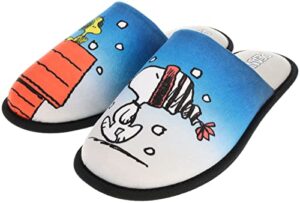 peanuts family slippers, mismatch holiday scuff snoopy & woodstock, blue