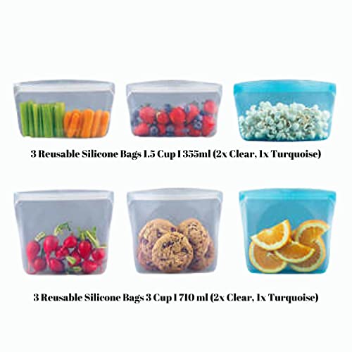 6 Piece Reusable Silicone Bag Set Microwavable, Dishwasher Safe, BPA Free