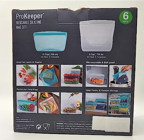 6 Piece Reusable Silicone Bag Set Microwavable, Dishwasher Safe, BPA Free