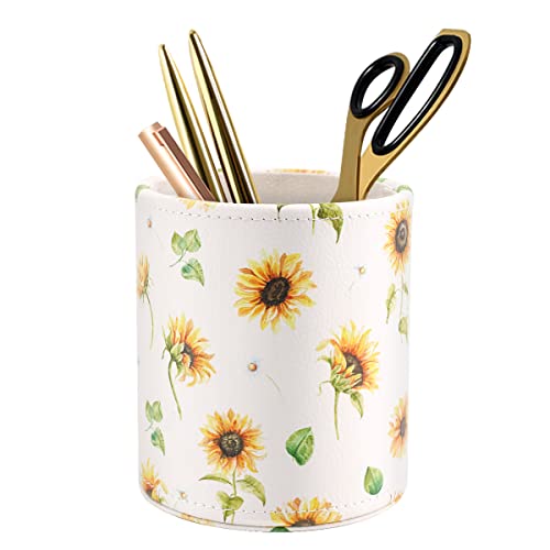 WAVEYU Pen Holder, Makeup Brush Holder Leather Cute Floral Pattern Pencil Cup for Girls Kids Women Durable Stand Desk Organizer Storage Gift for Office, Classroom, Home, Daisy