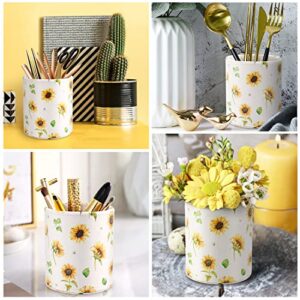 WAVEYU Pen Holder, Makeup Brush Holder Leather Cute Floral Pattern Pencil Cup for Girls Kids Women Durable Stand Desk Organizer Storage Gift for Office, Classroom, Home, Daisy