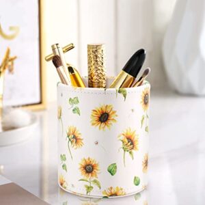 WAVEYU Pen Holder, Makeup Brush Holder Leather Cute Floral Pattern Pencil Cup for Girls Kids Women Durable Stand Desk Organizer Storage Gift for Office, Classroom, Home, Daisy