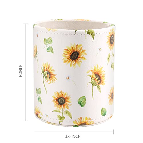 WAVEYU Pen Holder, Makeup Brush Holder Leather Cute Floral Pattern Pencil Cup for Girls Kids Women Durable Stand Desk Organizer Storage Gift for Office, Classroom, Home, Daisy