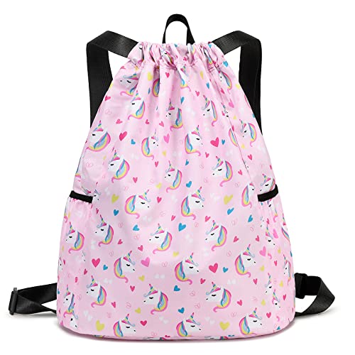 Ryushoyo Unicorn Gym Drawstring Backpack, Sports Gym Bag for Girls Kids Waterproof Swimming Beach Sackpack Birthday Christmas Gift with Water Bottle Pocket Pink