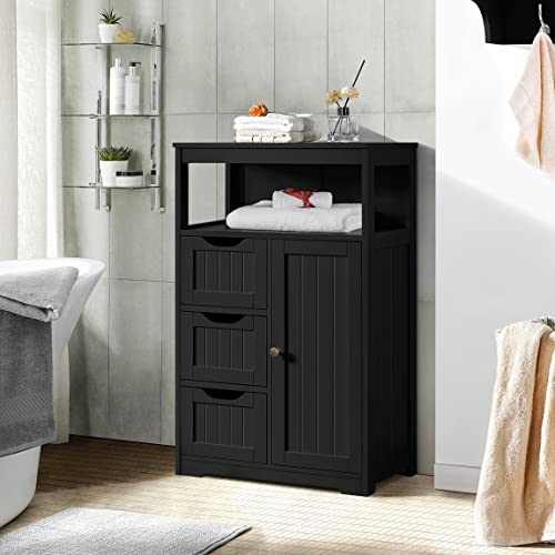 Yaheetech Bathroom Floor Cabinet, Free Standing Wooden Storage Organizer Multiple Tiers Storage Cabinet for Living Room, Black