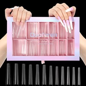 quaferen 504pcs clear coffin nail tips for acrylic nails professional, xxxl extra long no c curve coffin straight acrylic nail tips, half cover no crease nail extension false nails for diy nail art