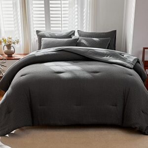 warmdern grey comforter set queen size waffle weave lightweight bedding comforter sets soft microfiber down alternative comforter 7 pieces bed in a bag all season(gray, queen)