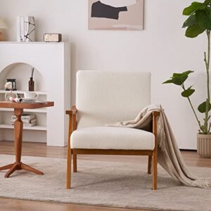 Karl home Mid-Century Accent Chair Modern Retro Leisure Chair with Solid Wood Frame Upholstered Teddy Fleece Fabric Single Sofa Armchair for Living Room, Bedroom, Balcont, Creamy-White