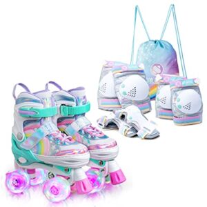 sulifeel rainbow unicorn roller skates for kids with adjustable protective gear set shiny small