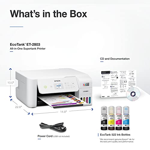 Epson EcoTank ET-2803 Wireless Color All-in-One Cartridge-Free Supertank Printer with Scan, Copy and AirPrint Support