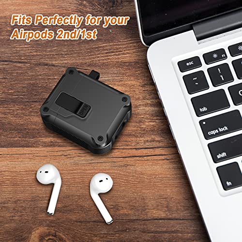 RFUNGUANGO Airpods 2nd & 1st Generation Case Cover Automatic Pop-up with Secure Lock Clip, Full-Body Shockproof Hard Protective Cover with Keychain- Black