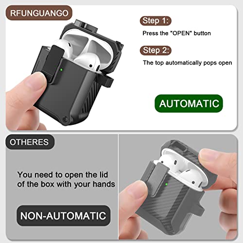 RFUNGUANGO Airpods 2nd & 1st Generation Case Cover Automatic Pop-up with Secure Lock Clip, Full-Body Shockproof Hard Protective Cover with Keychain- Black