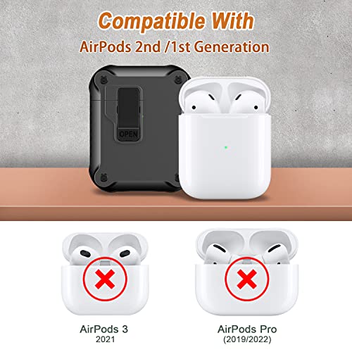 RFUNGUANGO Airpods 2nd & 1st Generation Case Cover Automatic Pop-up with Secure Lock Clip, Full-Body Shockproof Hard Protective Cover with Keychain- Black