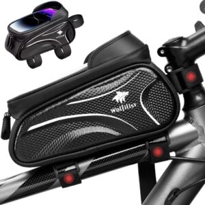 wolfilist bike bag, waterproof bike frame bag with sun-visor rain cover, bike phone holder with tpu sensitive touch screen