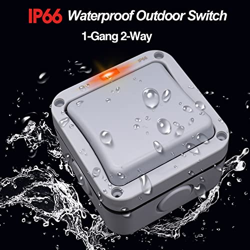 Taiss Outdoor Switch IP66 Waterproof Switch with Red LED Indicator,1-Gang 2-Way SPDT Light Switch,10A 220V-250V Outdoor Garden Electrical Switch