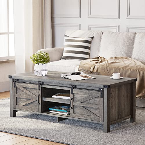 HOMFAMILIA Farmhouse Coffee Table with Sliding Barn Doors & Storage, Grey Rustic Wooden Center Rectangular Tables w/Adjustable Cabinet Shelves, for Bedroom, Home Office, Living Room