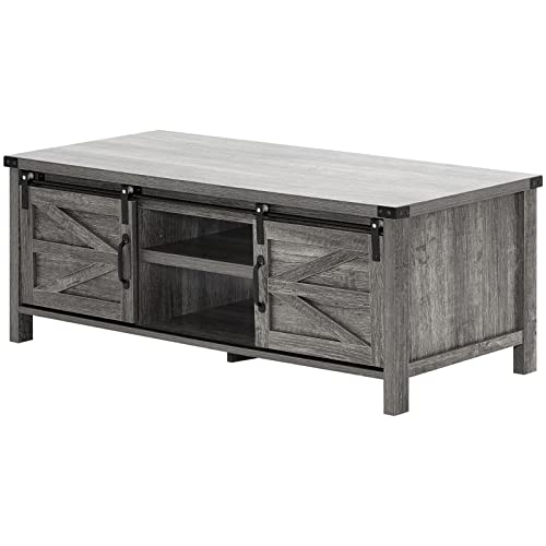 HOMFAMILIA Farmhouse Coffee Table with Sliding Barn Doors & Storage, Grey Rustic Wooden Center Rectangular Tables w/Adjustable Cabinet Shelves, for Bedroom, Home Office, Living Room