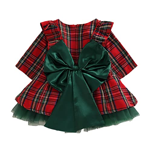 Toddler Christmas Dress Baby Girl Red Plaid Dresses and Green Tutu Xmas Outfit with Ruffle Princess Bowknot (Vintage Red Green,4-5T)