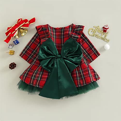 Toddler Christmas Dress Baby Girl Red Plaid Dresses and Green Tutu Xmas Outfit with Ruffle Princess Bowknot (Vintage Red Green,4-5T)