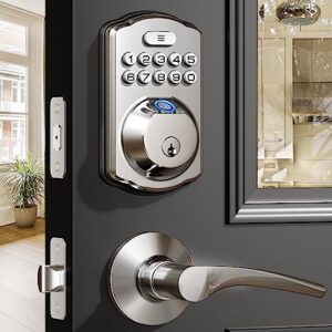 Veise Fingerprint Door Lock with 2 Lever Handles - Keyless Entry Door Lock, Electronic Keypad Deadbolt & Front Door Lock Handle Sets, Auto Lock & 1 Touch Locking, Easy Installation, Satin Nickel