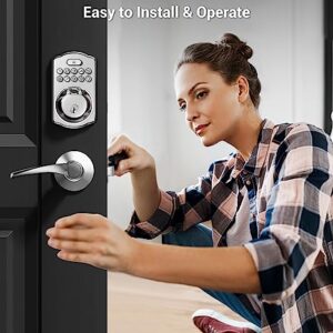 Veise Fingerprint Door Lock with 2 Lever Handles - Keyless Entry Door Lock, Electronic Keypad Deadbolt & Front Door Lock Handle Sets, Auto Lock & 1 Touch Locking, Easy Installation, Satin Nickel