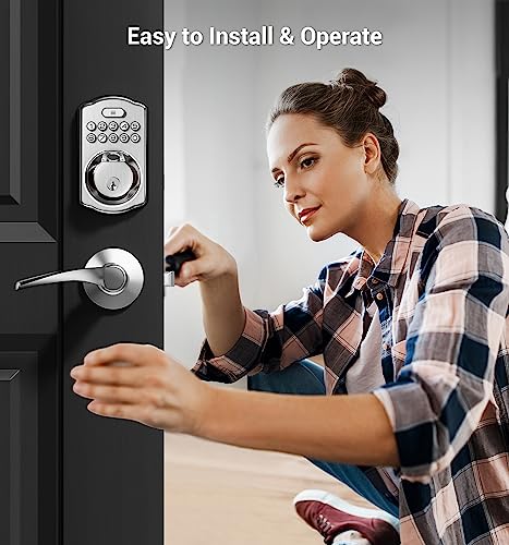 Veise Fingerprint Door Lock with 2 Lever Handles - Keyless Entry Door Lock, Electronic Keypad Deadbolt & Front Door Lock Handle Sets, Auto Lock & 1 Touch Locking, Easy Installation, Satin Nickel