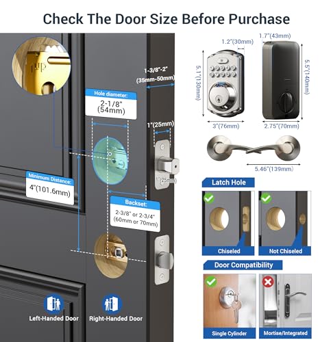 Veise Fingerprint Door Lock with 2 Lever Handles - Keyless Entry Door Lock, Electronic Keypad Deadbolt & Front Door Lock Handle Sets, Auto Lock & 1 Touch Locking, Easy Installation, Satin Nickel