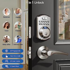 Veise Fingerprint Door Lock with 2 Lever Handles - Keyless Entry Door Lock, Electronic Keypad Deadbolt & Front Door Lock Handle Sets, Auto Lock & 1 Touch Locking, Easy Installation, Satin Nickel