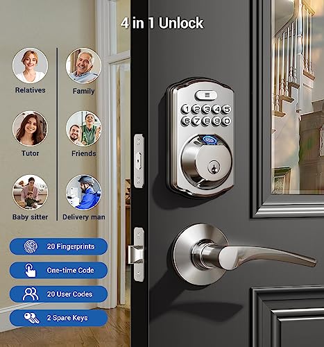 Veise Fingerprint Door Lock with 2 Lever Handles - Keyless Entry Door Lock, Electronic Keypad Deadbolt & Front Door Lock Handle Sets, Auto Lock & 1 Touch Locking, Easy Installation, Satin Nickel