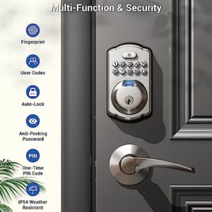 Veise Fingerprint Door Lock with 2 Lever Handles - Keyless Entry Door Lock, Electronic Keypad Deadbolt & Front Door Lock Handle Sets, Auto Lock & 1 Touch Locking, Easy Installation, Satin Nickel