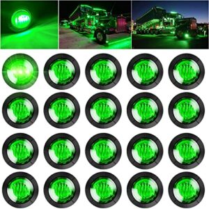 pseqt 3/4" round led side marker clearance lights front rear top marker indicators tail light waterproof for trailer truck car bus van pickup rv wrangler atv utv (20pcs green led lights)