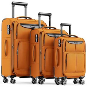 showkoo luggage sets 3 piece softside expandable lightweight durable suitcase sets double spinner wheels tsa lock hot orange (20in/24in/28in)