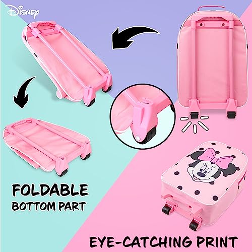 Disney Stitch Kids Suitcase for Girls Foldable Trolley Hand Luggage Bag Carry On Minnie Mouse Travel Bag with Wheels Cabin Bag Wheeled Bag with Handle Frozen Trolley Suitcase Girls (Pink Minnie)