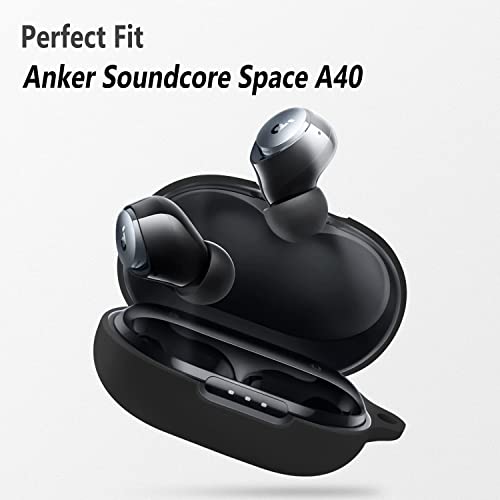 Geiomoo Silicone Case Compatible with Anker Soundcore Space A40, Protective Cover with Carabiner (Black)