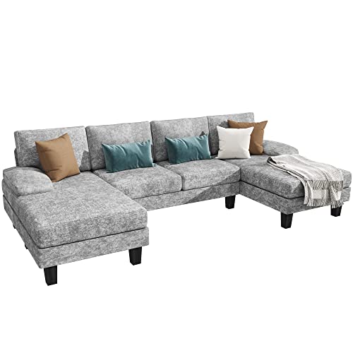 YESHOMY Convertible Sectional U-Shaped Couch with Soft Modern Cotton Chenille Fabric for Living Room, 6 Seats Oversized Sofas with Comfortable Backrest, Grey and White