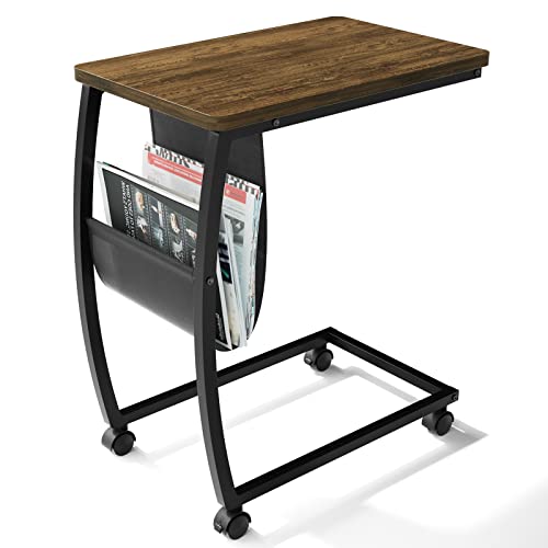 SRIWATANA Side Table, C Shaped End Table with Storage Pocket and Rolling Wheels for Laptop Coffee Snack, Light Walnut