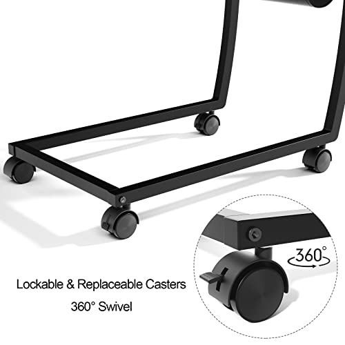 SRIWATANA Side Table, C Shaped End Table with Storage Pocket and Rolling Wheels for Laptop Coffee Snack, Light Walnut