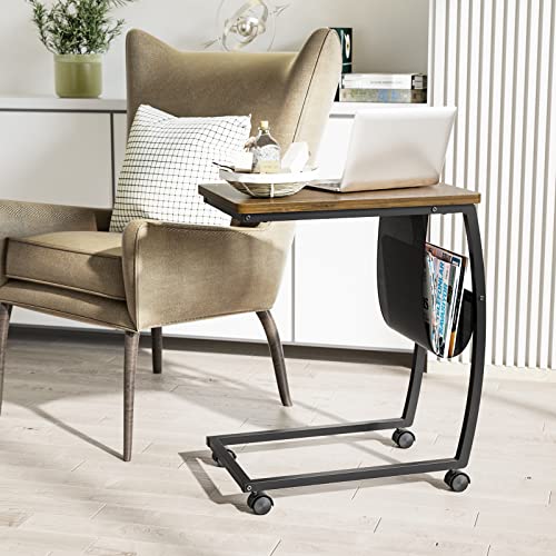 SRIWATANA Side Table, C Shaped End Table with Storage Pocket and Rolling Wheels for Laptop Coffee Snack, Light Walnut