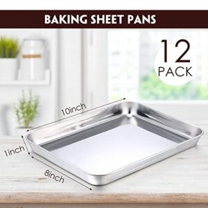 12 Pieces Baking Sheet Pan Cookie Sheet Set for Oven Stainless Steel Small Baking Pan 10 x 8 x 1 Inch Cake Toaster Roasting Metal Rectangle Trays, Oven and Dishwasher Safe