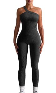 oqq women's yoga workout ribbed one shoulder piece sport jumpsuit, black, medium